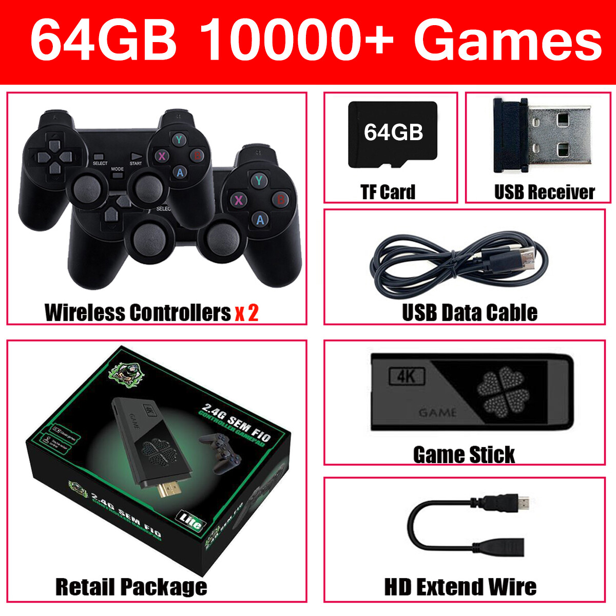 HDMI 4K TV Game Stick Console Built-in 64GB 20001 Retro Games+2 ...