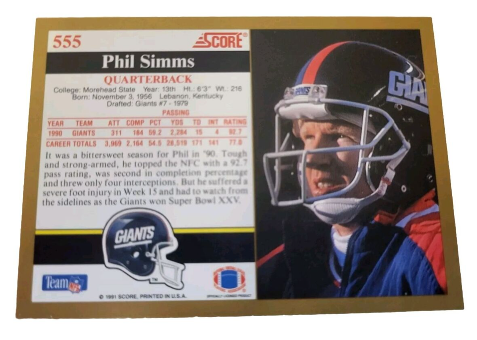 1991 Score Football Card #555 Phil Simms New York Giants (C0 | eBay