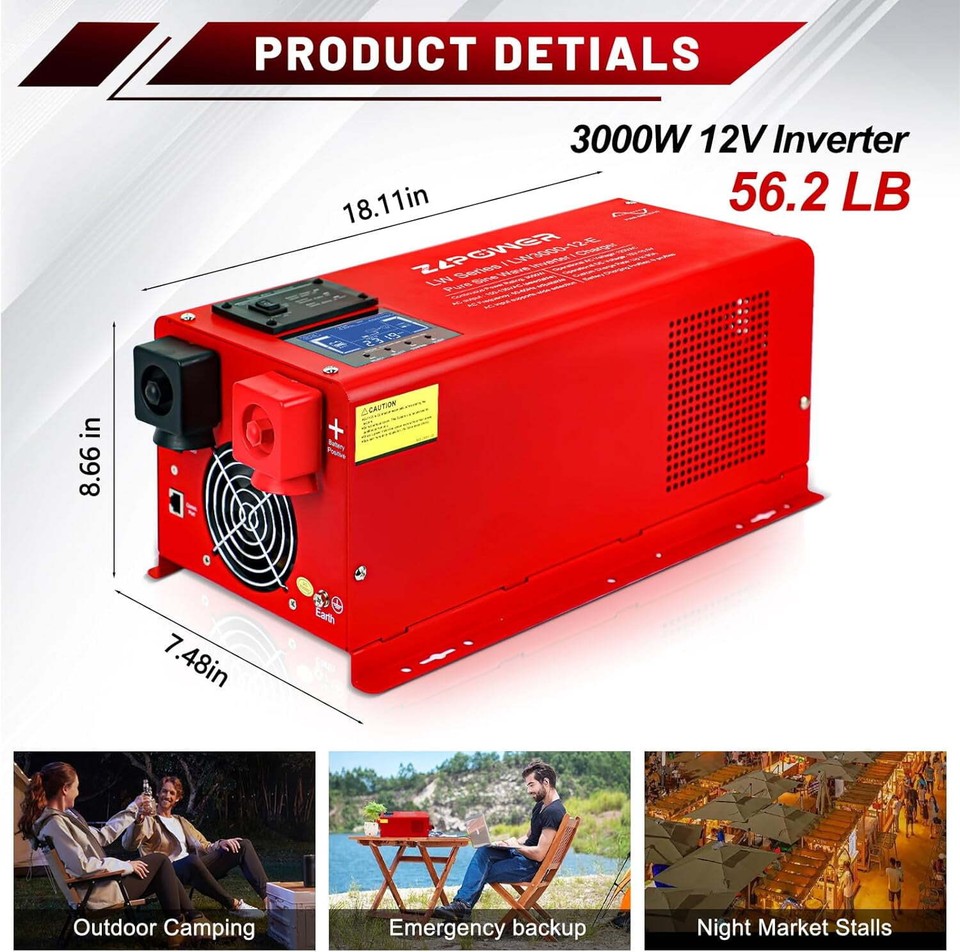 3KW 12V Hybrid Inverter 9000W Peak Pure Sine Wave DC 12V to AC 120V LCD ...