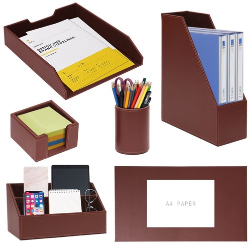 6 Piece Office Supplies/desk Organizer Set With Desktop Leather Writing ...