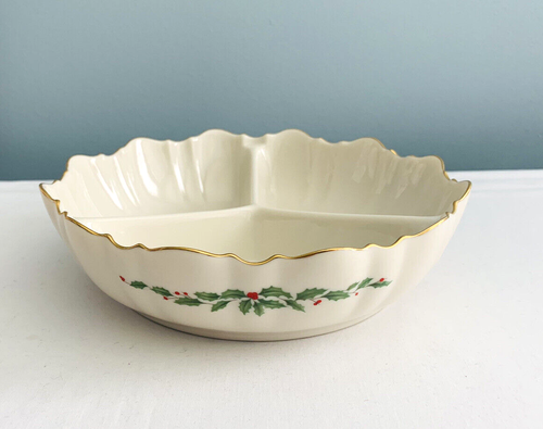 LENOX HOLIDAY Dimension 8" Gold Edge 3 PART DIVIDED RELISH Candy Nut ...