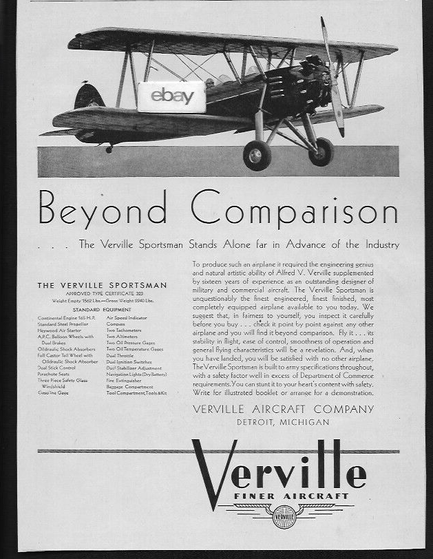 VERVILLE AIRCRAFT COMPANY 1930 BEYONG COMPARISON SPORTSMAN MADE IN ...