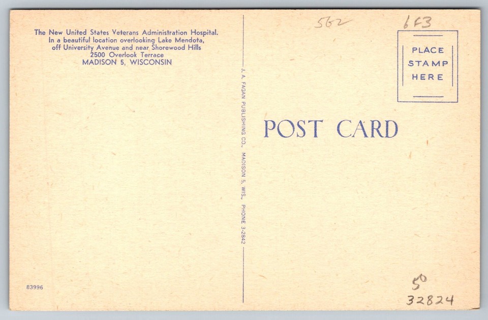 Vintage Postcard WI Madison U.S. Veterans Admin Hospital Street View ...
