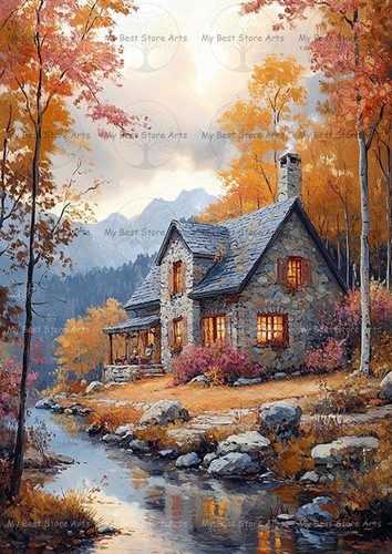 STONE COTTAGE AUTUMN ART PRINT, Rustic Home Wall Decor, Fall Forest ...