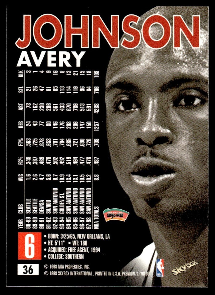 1998-99 SkyBox Premium Avery Johnson San Antonio Spurs #36 | eBay