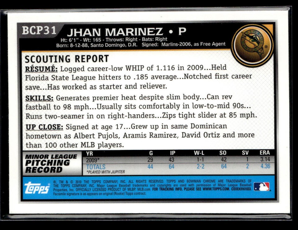 Jhan Marinez signed auto 2010 Bowman #BCP31 card | eBay