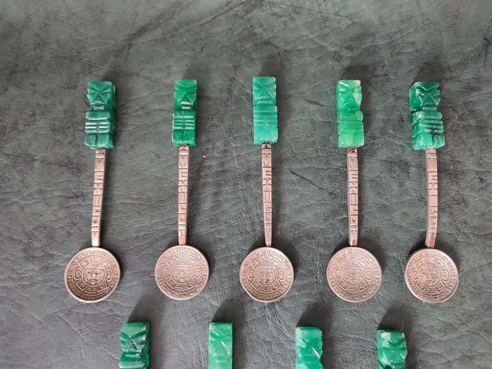 VINTAGE AZTEC CALENDAR & TOTEM MEXICO MALACHITE SPOON LOT ALPACA SILVER ...