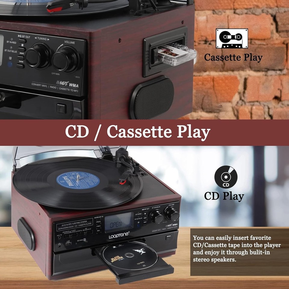 10 in 1 Bluetooth In/Out Record Player 3 Speed Vinyl Vintage Turntable ...