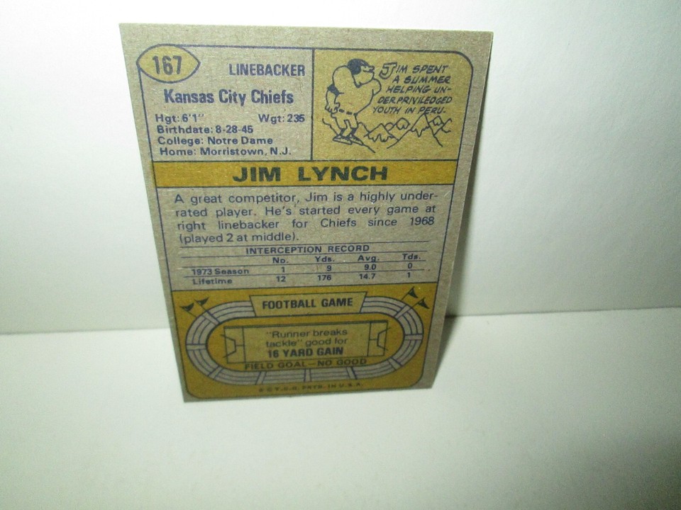 JIM LYNCH 1974 TOPPS FOOTBALL CARD #167 KANSAS CITY CHIEFS LB Nm | eBay