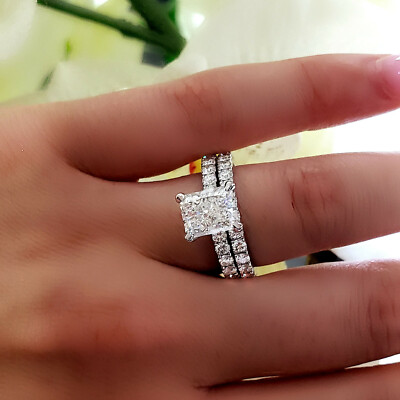 18K WG 2.50 ct Radiant Cut U-Setting Diamond Engagement Ring & Band H ...