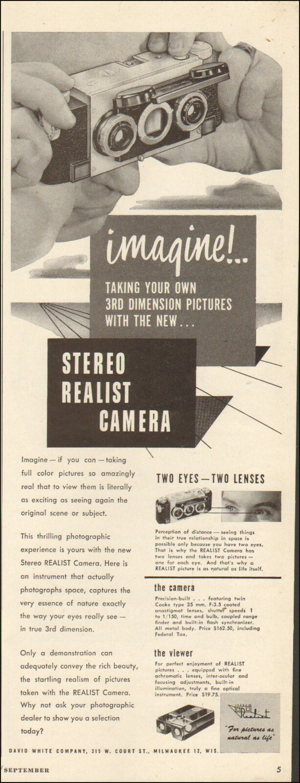 1950's Vintage ad for stero Realist Camera`retro photo David White Co ...