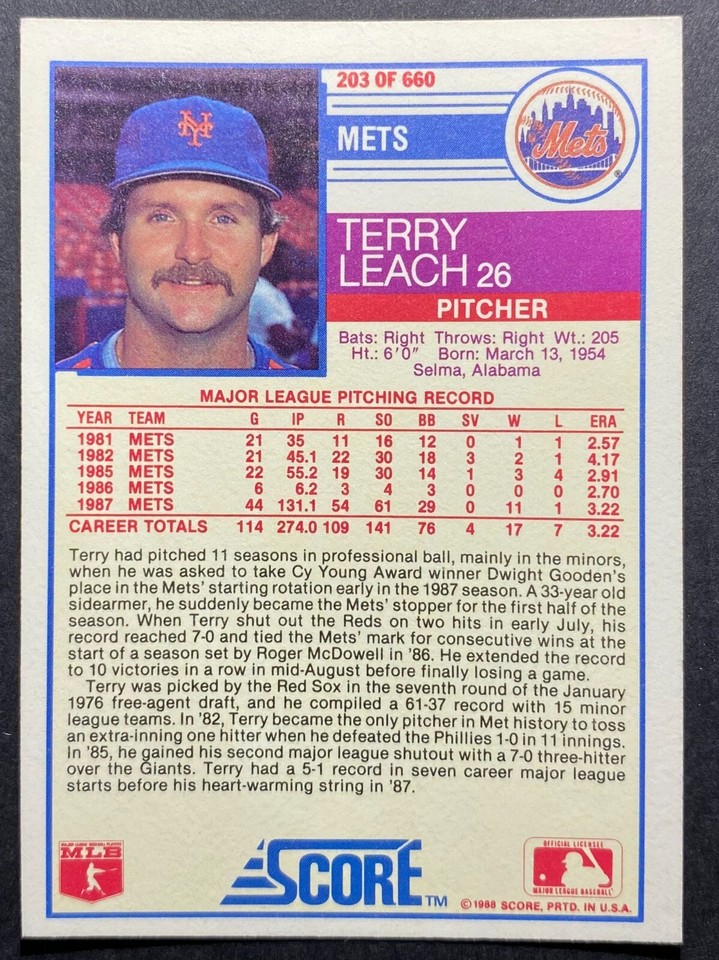 1988 Score Baseball Terry Leach #203 New York Mets | eBay