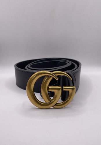 GUCCI Wide GG Marmont Black Leather Belt Gold Brass Emblem Made In ...