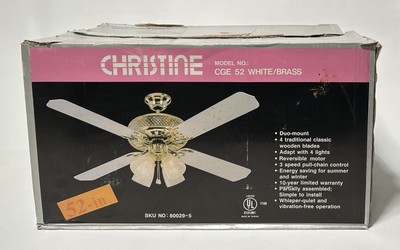 NEW Vintage Dynasty Christine Ceiling Fan White & Brass 52” 4 Blade ...