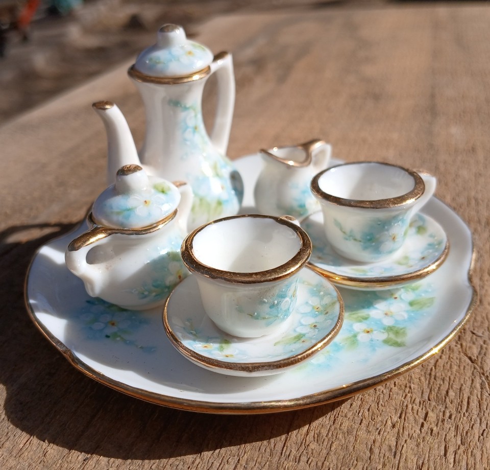 Vtg Miniature Tea Set Porcelain Flowers Blue Green White | eBay