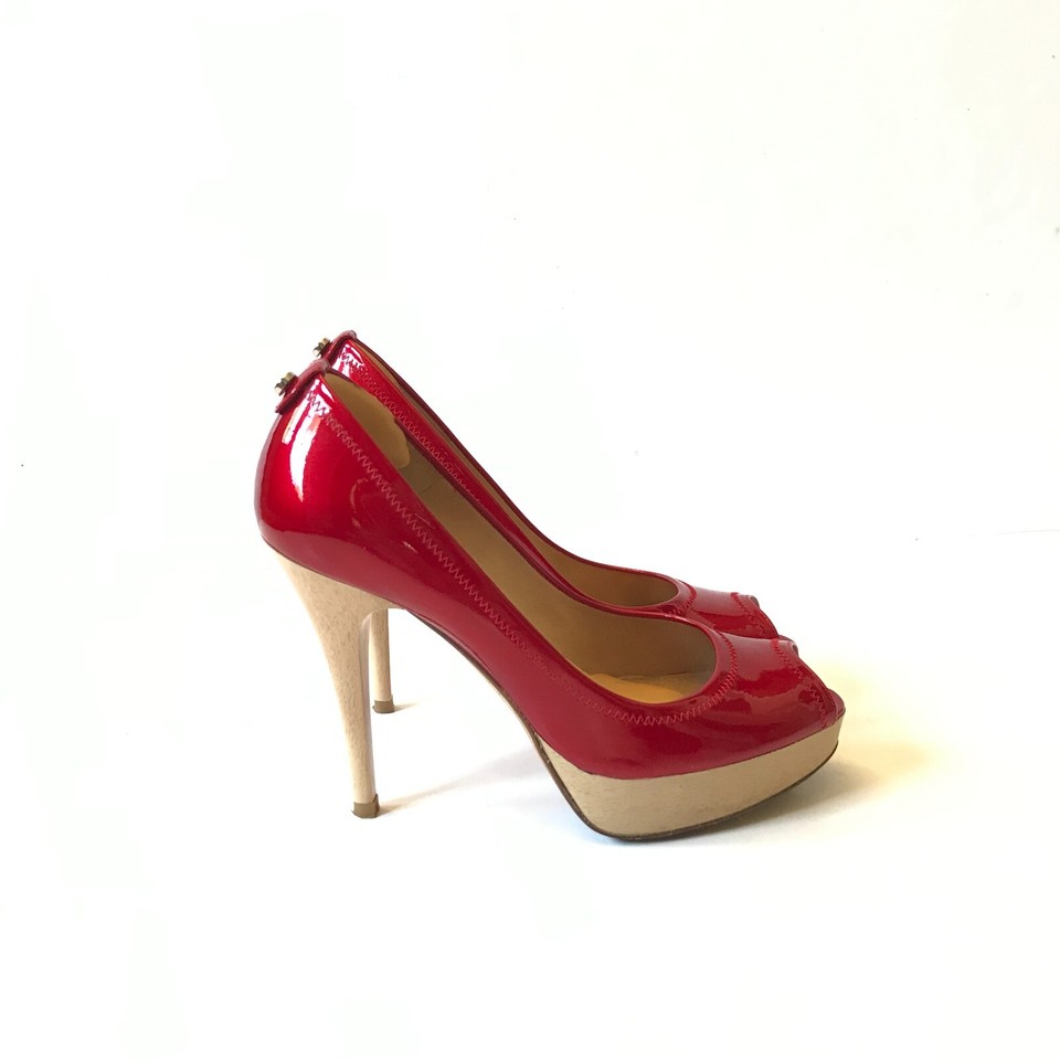 Stuart Weitzman Avignon Heels Womens 6 Red Patent Leather Peep Toe ...