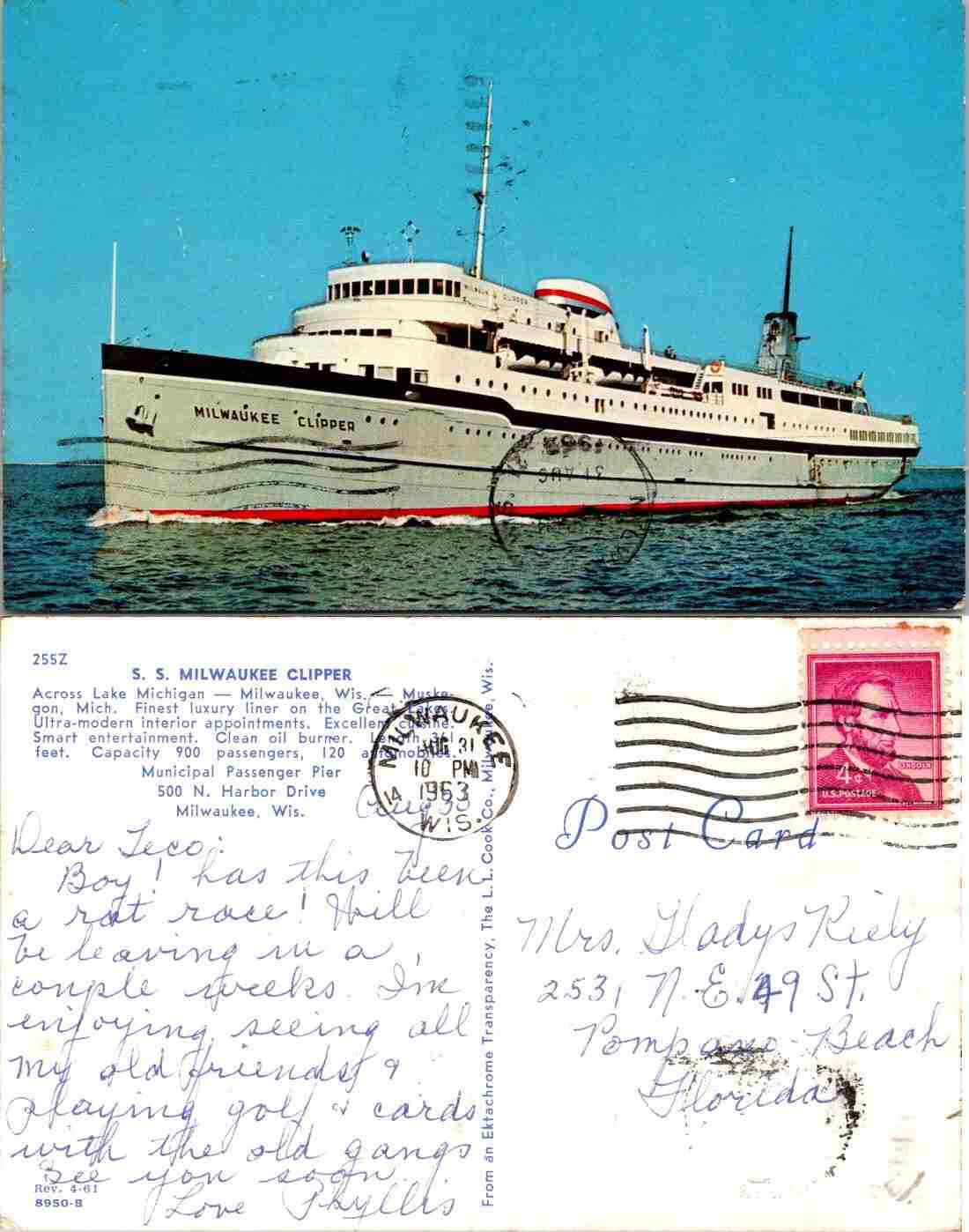 Vintage Postcard - S. S. MILWAUKEE CLIPPER Across Lake Michigan ...