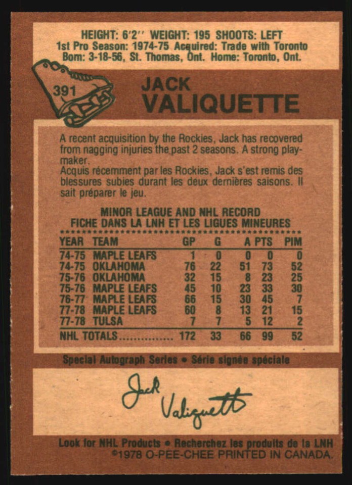 1978-79 O-Pee-Chee #391 Jack Valiquette EXMT/EXMT+ Rockies 606188 | eBay