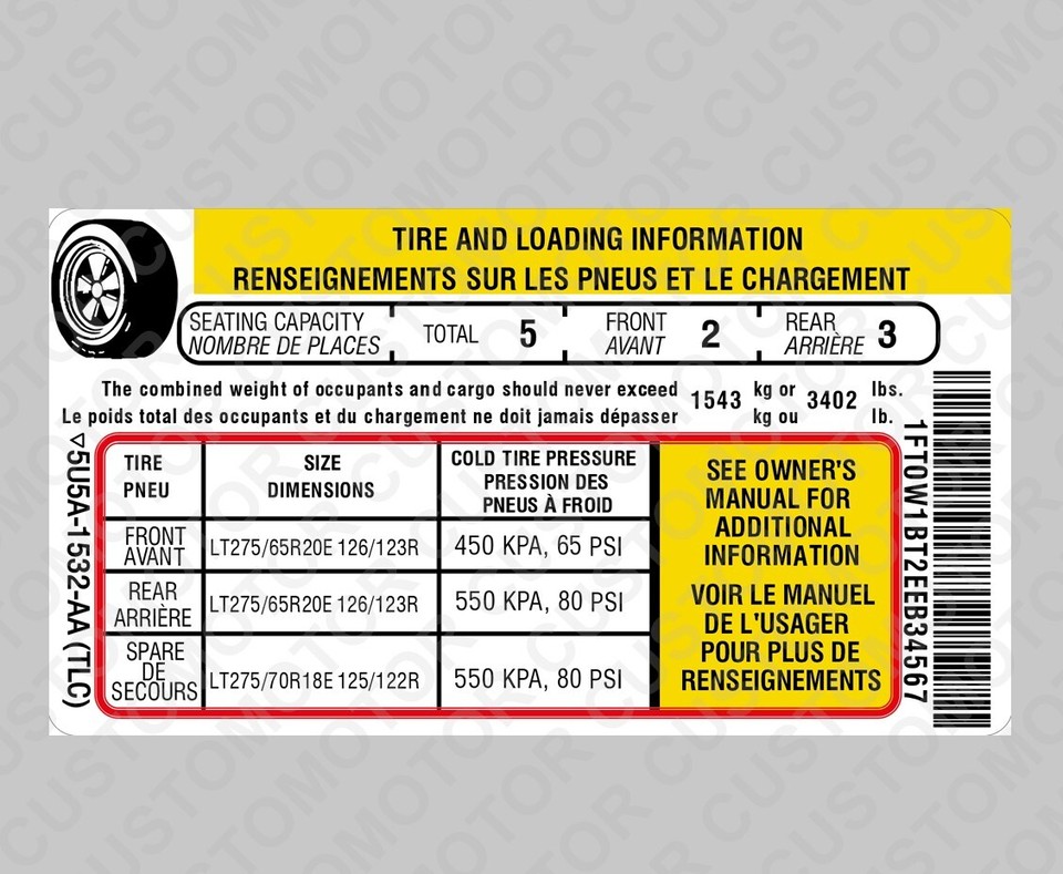 Ford Tire Loading Information Replica Decal Label 4U5A-5U5A-RU5A-1532 ...