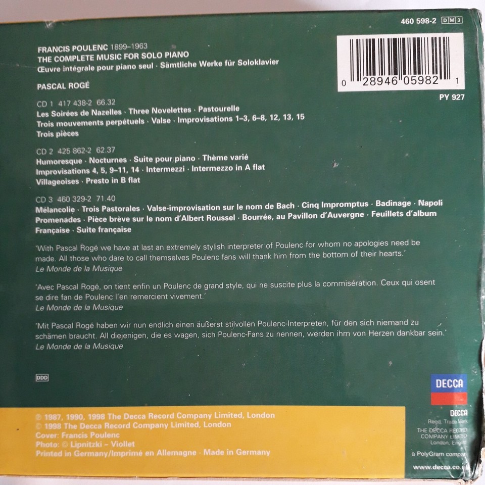 POULENC COMPLETE MUSIC FOR SOLO PIANO PASCAL ROGE 3 CD EXCELLENT COND DISCS | eBay