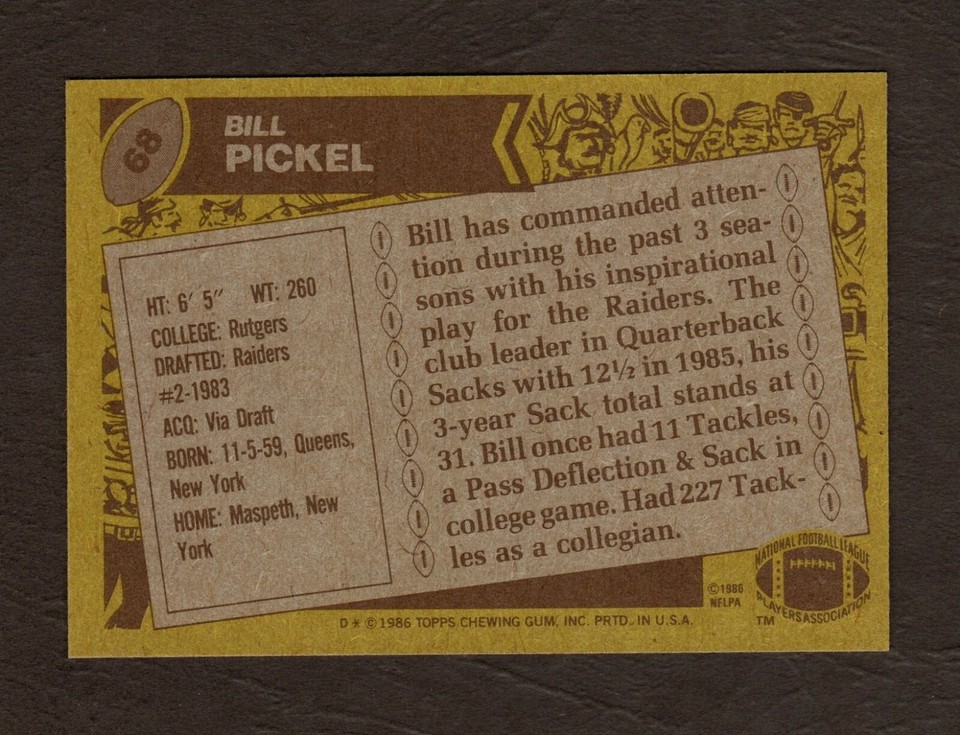 1986 Topps Football Card #68 Bill Pickel - Los Angeles Raiders | eBay