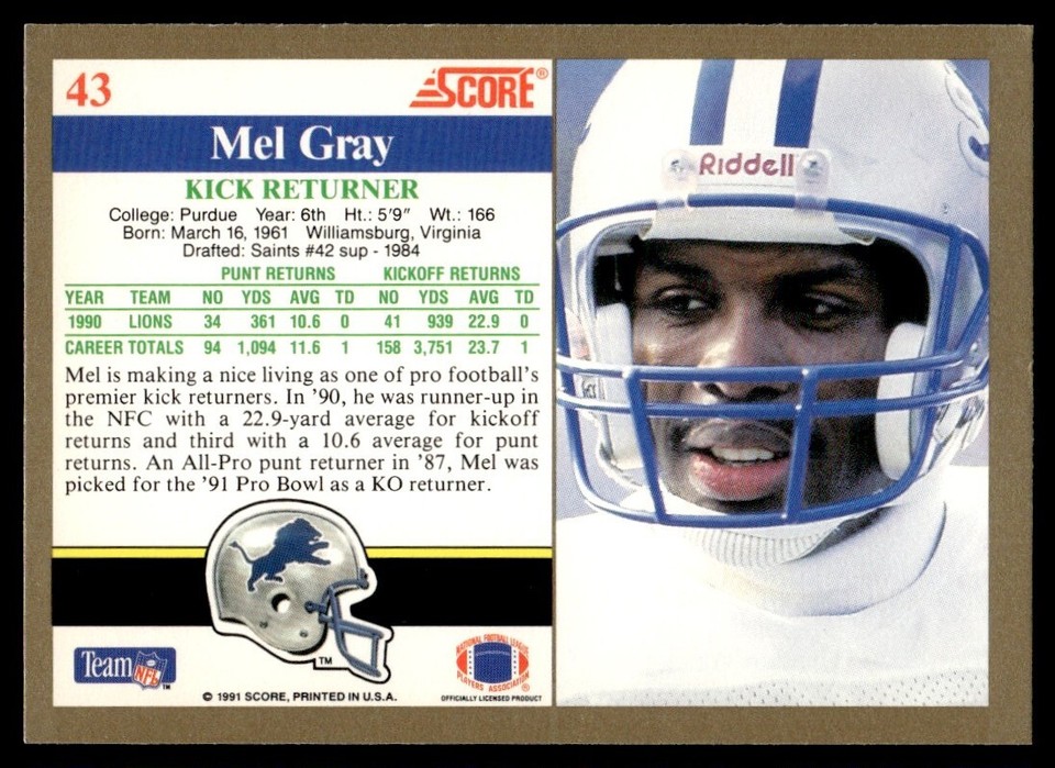 1991 Score Mel Gray Detroit Lions #43 | eBay