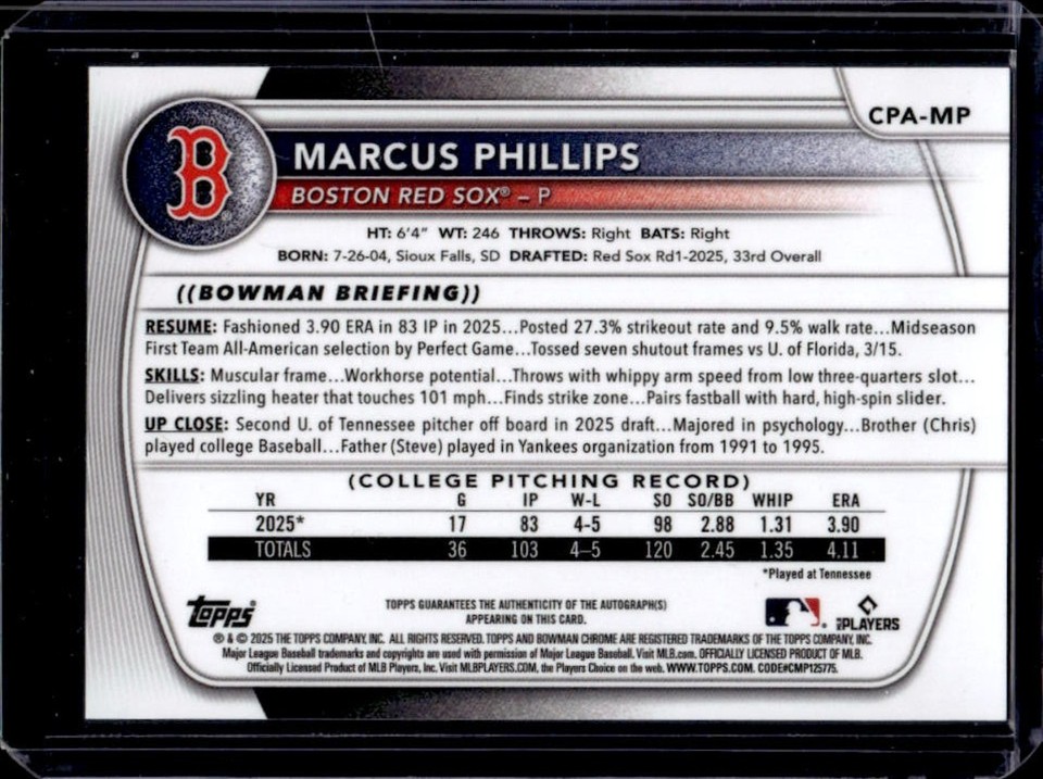 2025 Bowman Draft Marcus Phillips Chrome Auto HTA Choice Refractor 1st ...