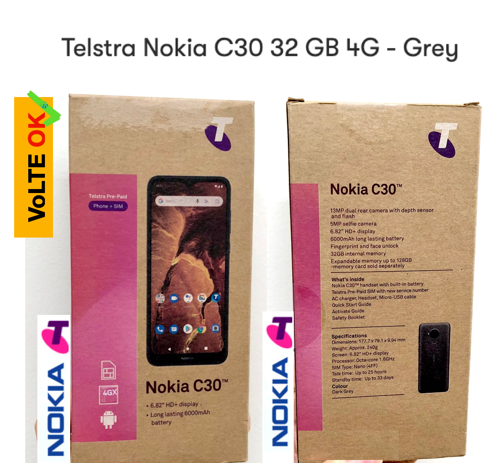 NEW Telstra Nokia C30 4G 4GX 6.82" 32GB VoLTE OK Android Mobile Phone ...