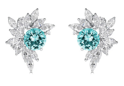 One Big Aquamarine Blue Round CZ Women's Cluster Set Stud Earrings In ...