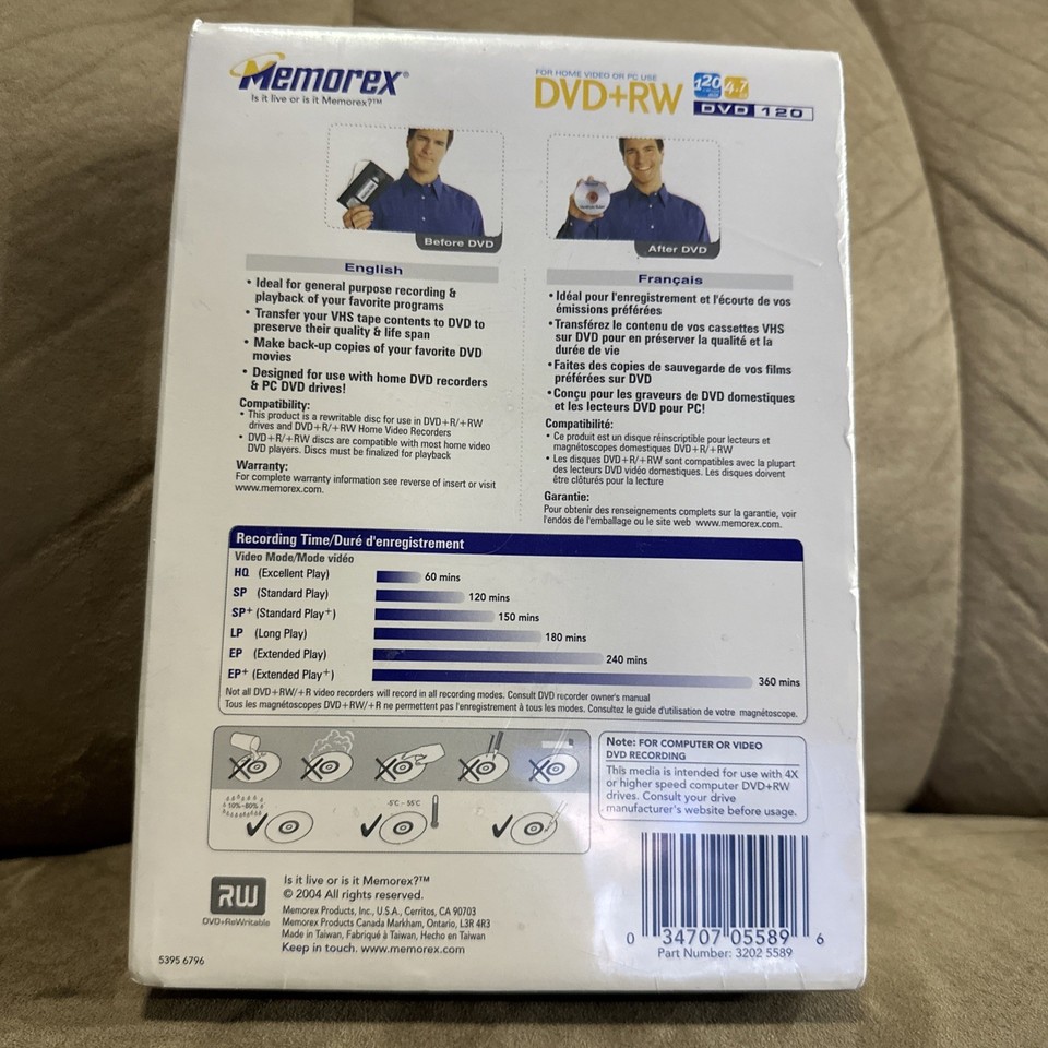 Memorex DVD+RW 120 Mins Rewritable 4.7GB 3pk Disc Home Video Or PC Use ...