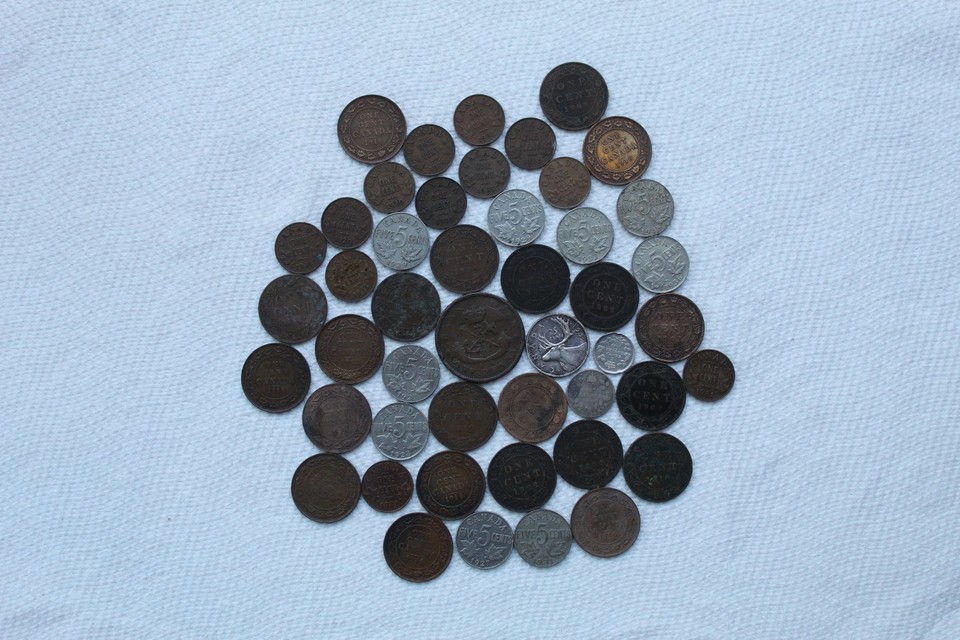 Canada Coins, 3 Silver, 40 non-silver, 5C 1902, 10C 25C 1955, 1C 1859 ...