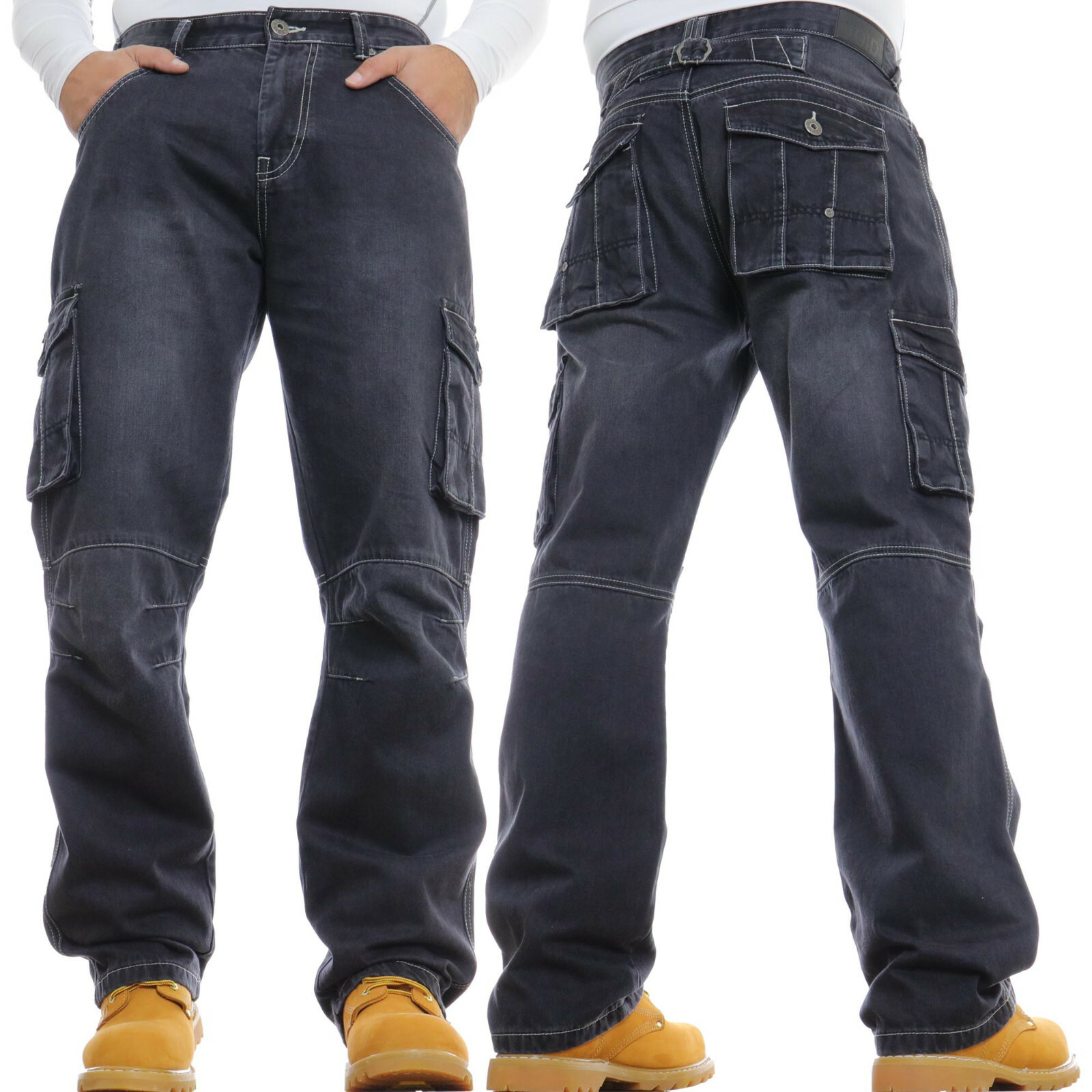 Mens CROSSHATCH Cargo Combat Jeans New Casual Work Relax Denim Pants ...