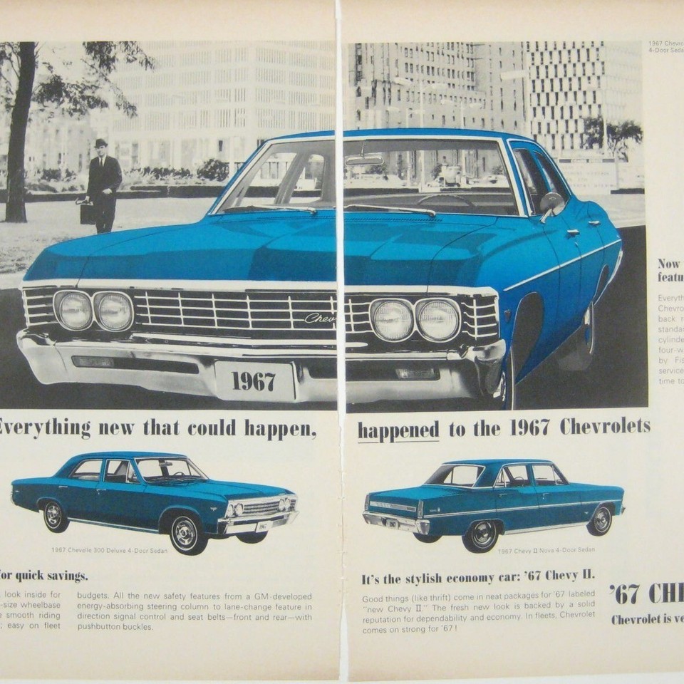 1967 Chevrolet Print Ad 2 Page Vintage GM Blue Chevy II Sedan Car City ...