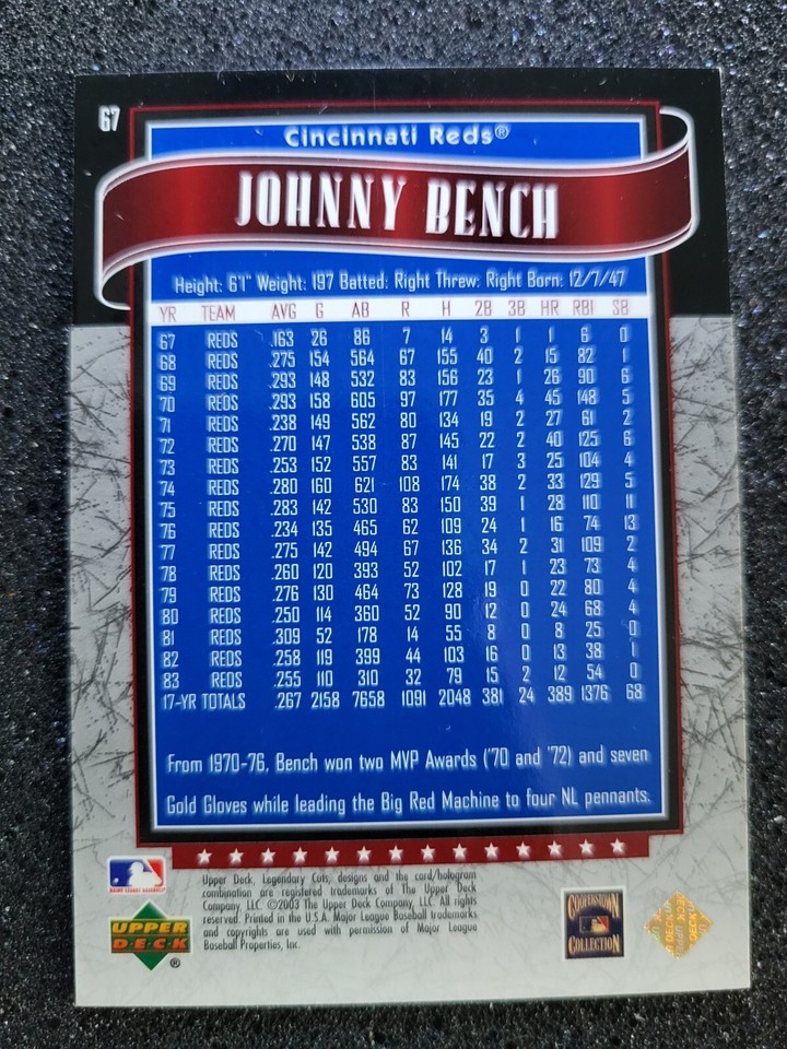 Johnny Bench 2003 UD LEGENDARY CUTS "INDUCTIONS" INSERT #D /275 ...