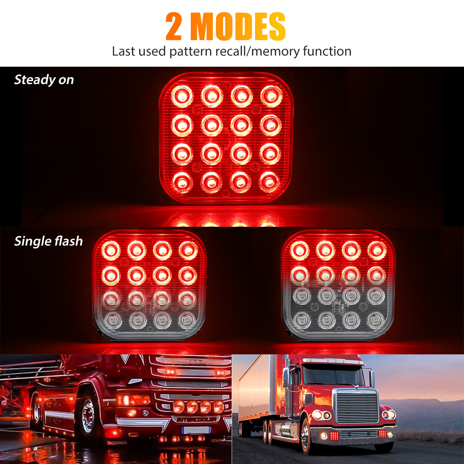 2x Red 16 LED Square Truck Trailer Tail Stop Brake Marker Flashing ...