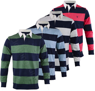 Mens Long Sleeve Rugby Polo Button Shirt Collared Striped Top Cotton M ...