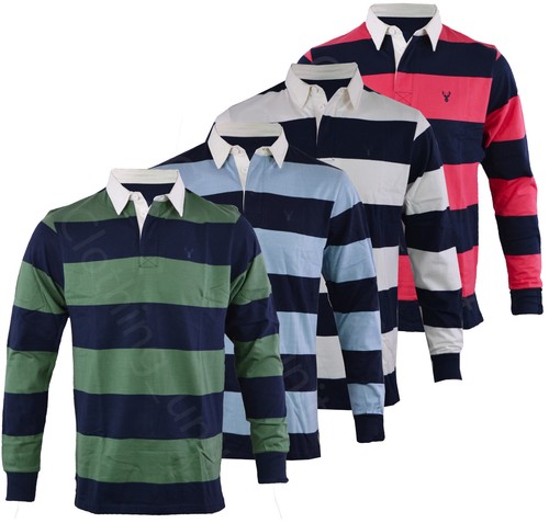 Mens Long Sleeve Rugby Polo Button Shirt Collared Striped Top Cotton M ...