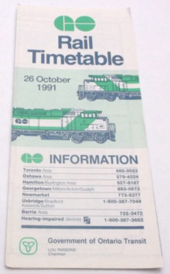 OCTOBER 1991 GO TRANSIT GO RAIL PUBLIC TIMETABLE | eBay