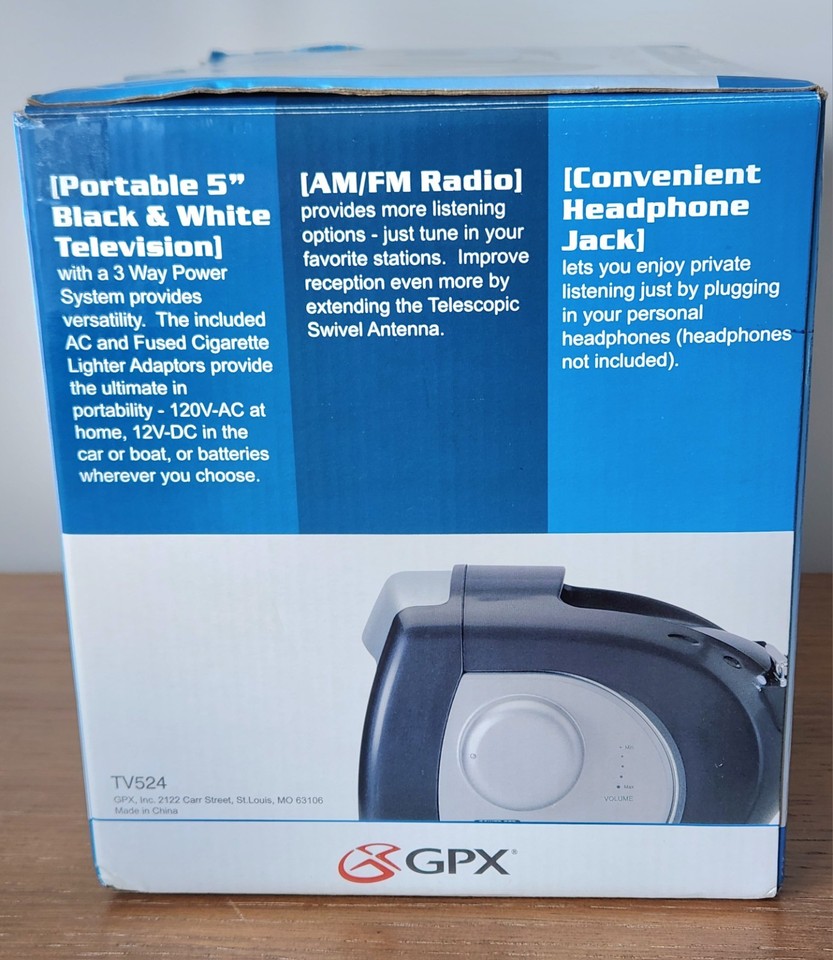 Gpx 5” Black & White Portable Tv 3 Way Power Car Adapter TV524 New ...