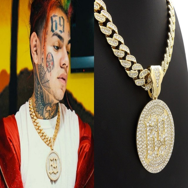 TEKASHI 69 6IX9INE PENDANT 14K LAB DIAMOND GOLD CUBAN LINK CHAIN ...