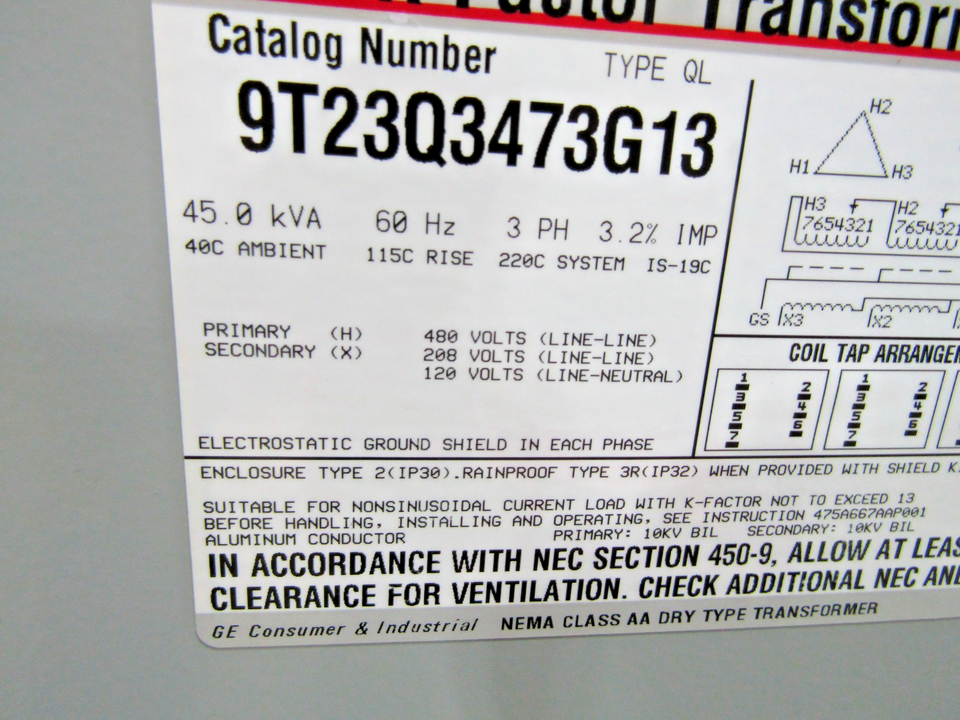 😏 GE GENERAL ELECTRIC 45 kVA TRANSFORMER 480 HVAC 208/120 LVAC 3∅ ...