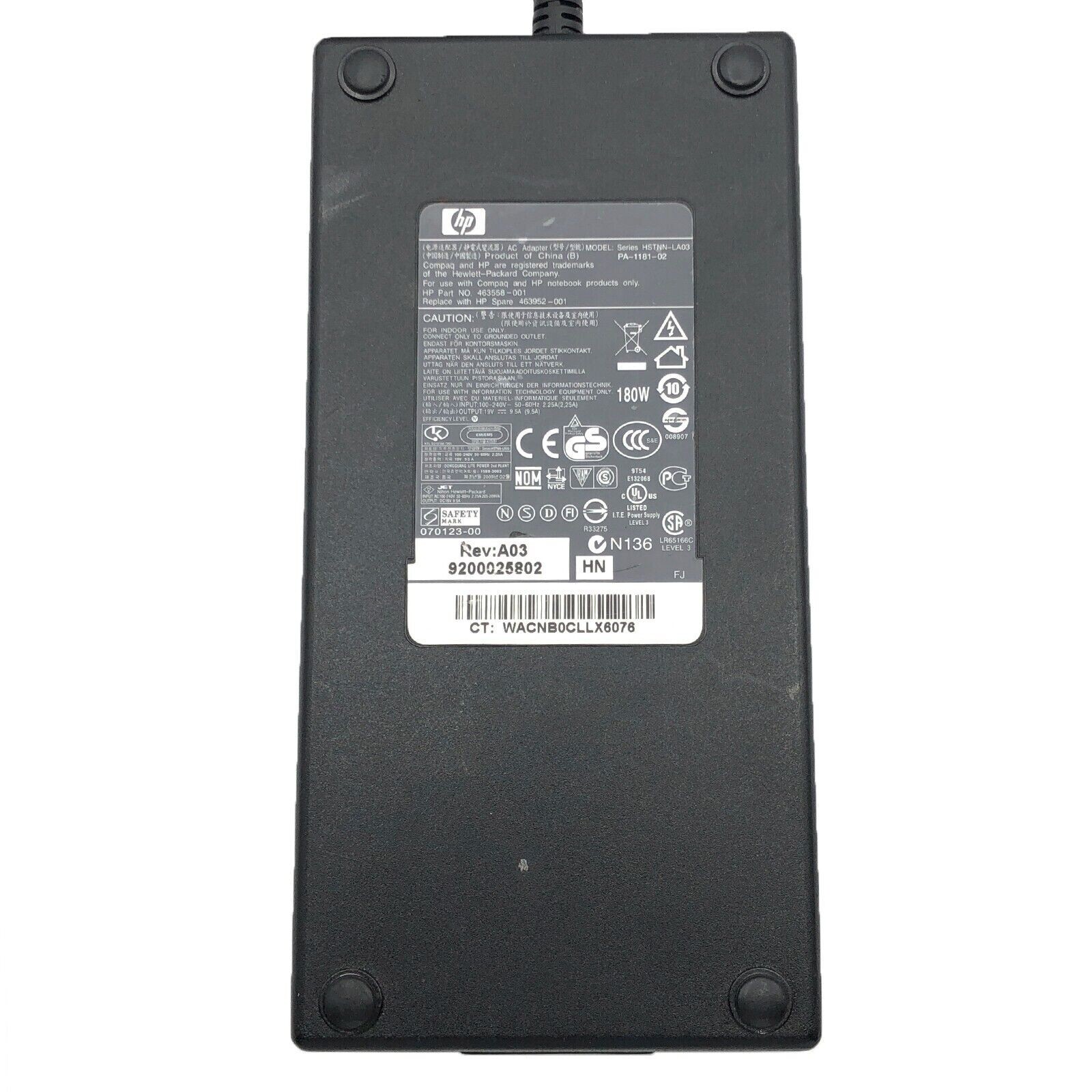 Genuine 180W HP AC Adapter 19V 9.5A Model HSTNN-LA03 P/N 463558-001 w ...