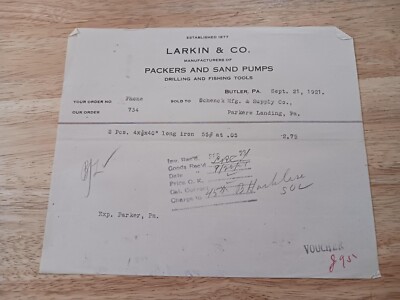 1921 Larkin & Co Billhead Receipt for SCHENCK MFG. & SUPPLY CO. | eBay