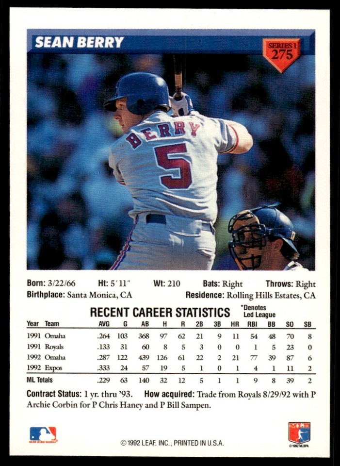 1993 Donruss Baseball Card Sean Berry Montreal Expos #275 | eBay