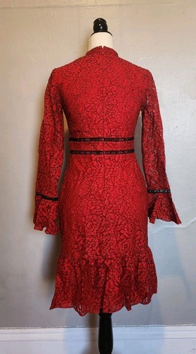 Vintage Shoshanna Womens 0 Red Black Floral Lace Bell Sleeve Fit Flare ...
