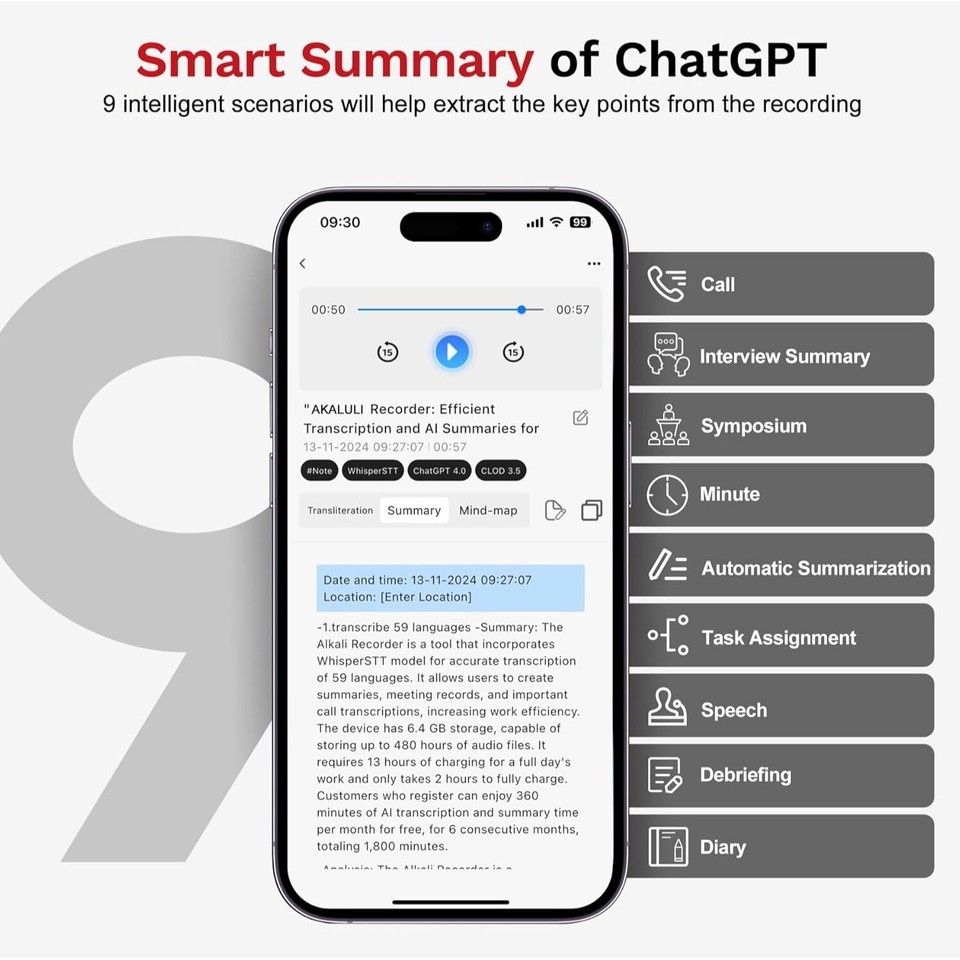 64 GB AI Voice Recorder with Transcription Summarize - Audio Recording ...