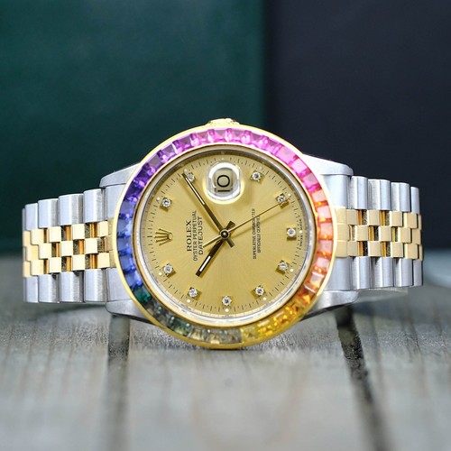 ROLEX MEN'S DATEJUST WATCH GOLD STEEL FACTORY DIAMOND DIAL RAINBOW ...