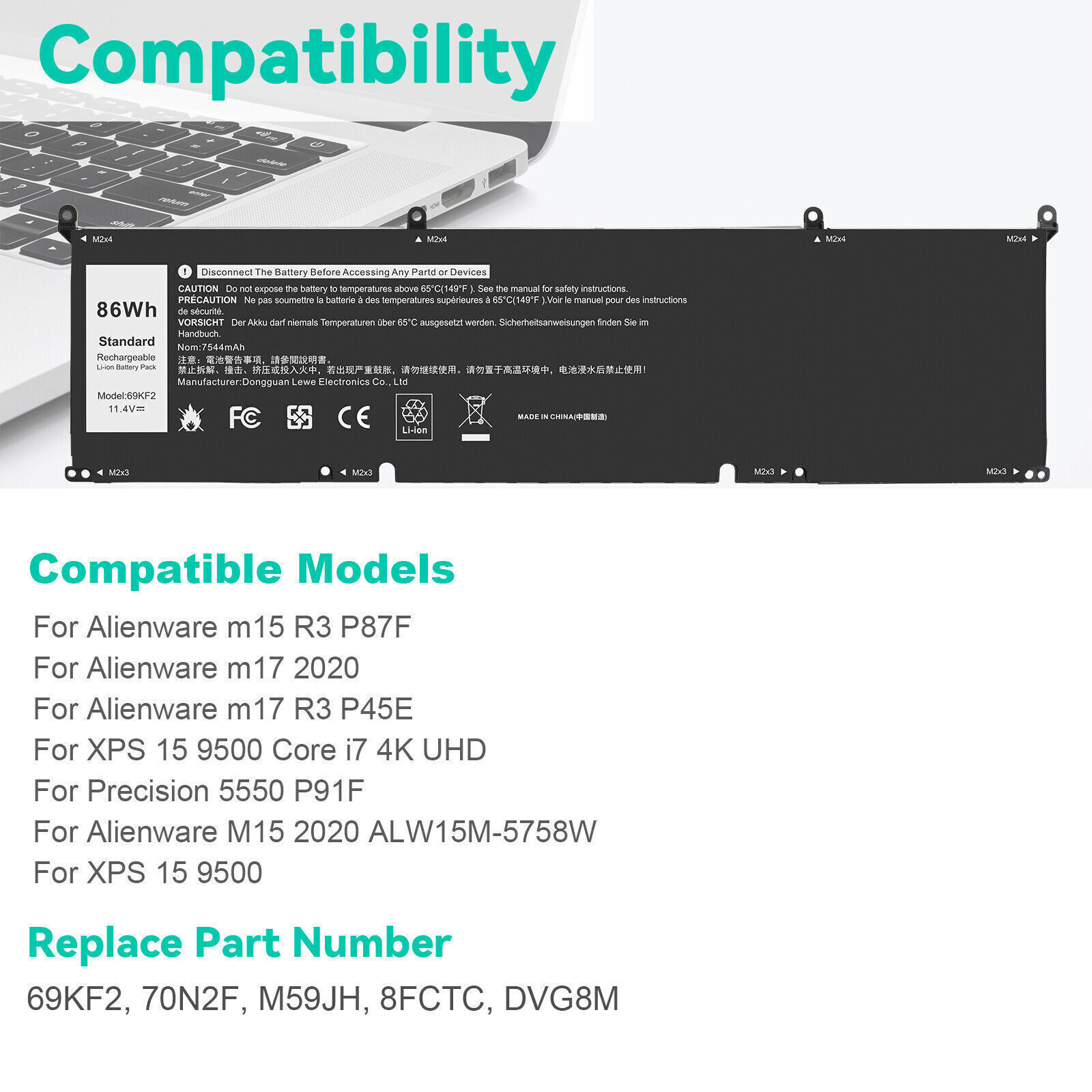 86Wh 69KF2 Battery For Dell Alienware M15 M17 R3 XPS 15 9500 8FCTC ...