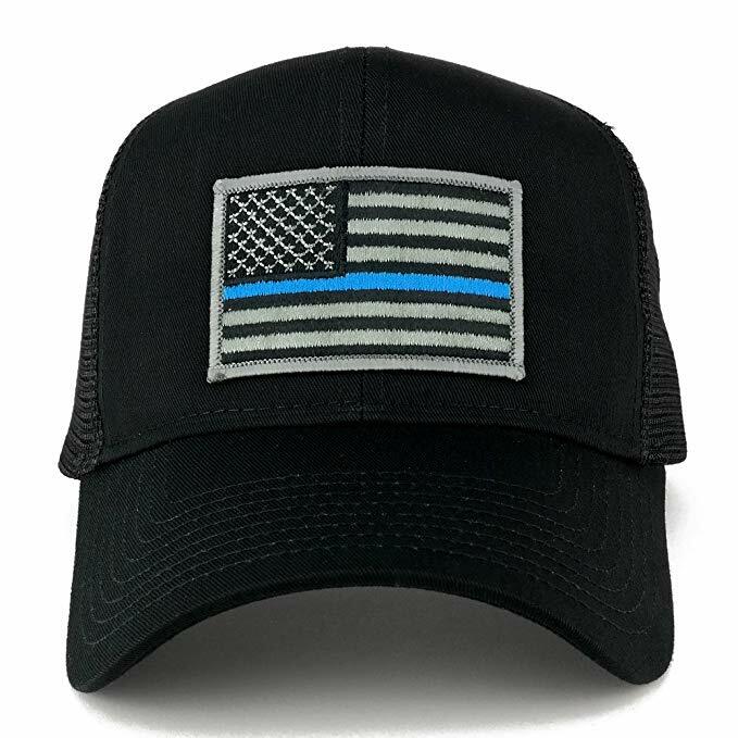 USA American Flag Patch Snapback Trucker Mesh Cap - Black police blue ...