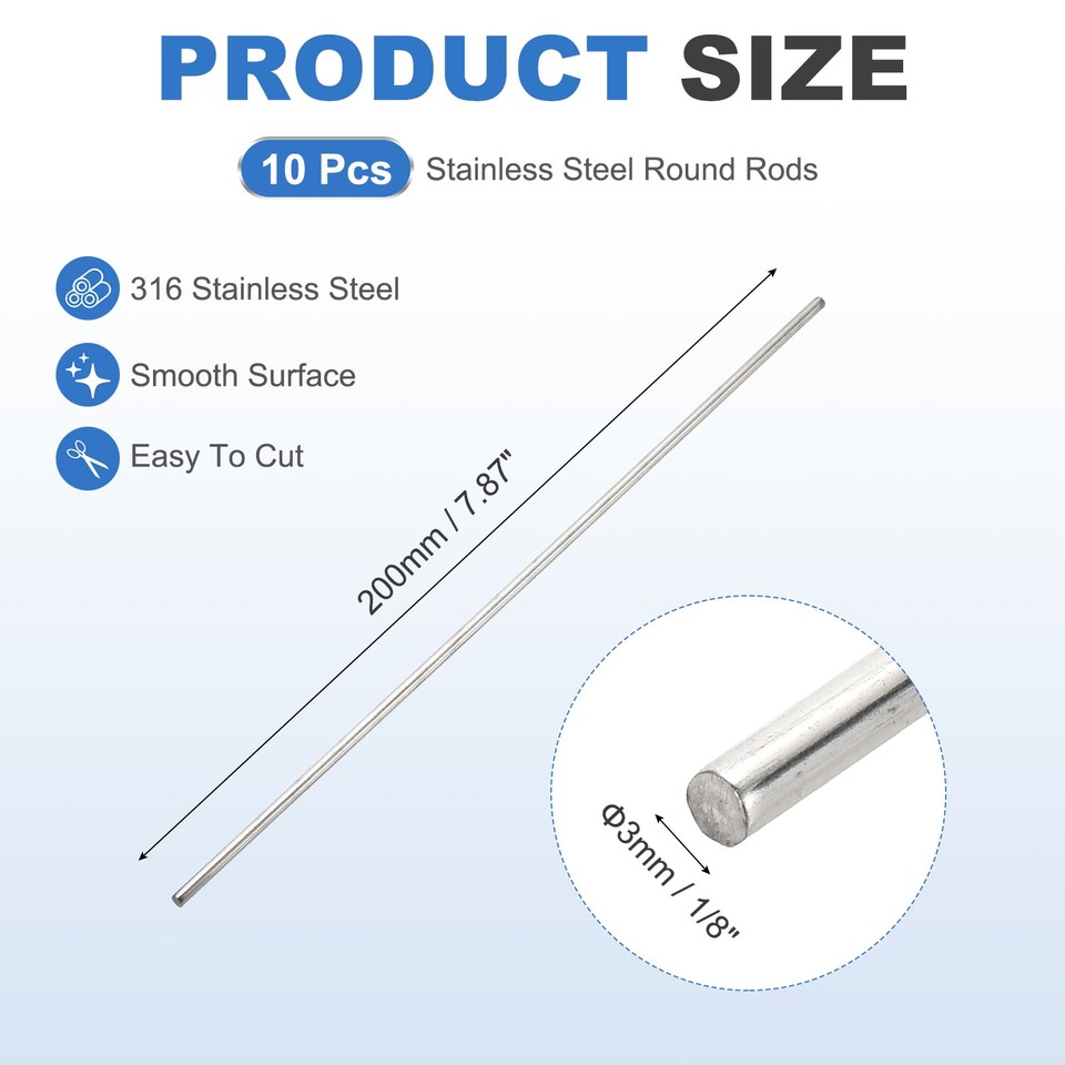 10Pcs 316 Stainless Steel Round Rod Bar, 3x200mm Silver Solid Shaft ...